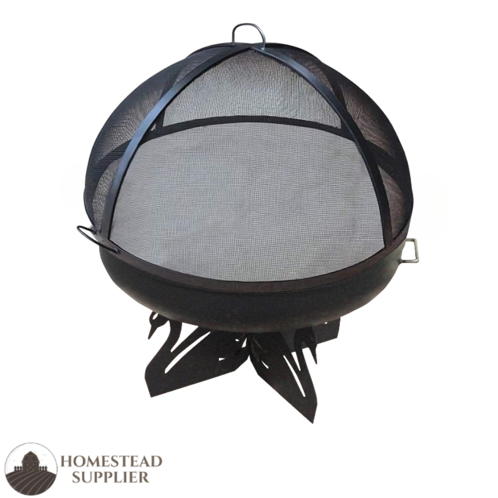 Round Fire Pit Bowl with Black Swan Base and Grate with Stainless Steel ...