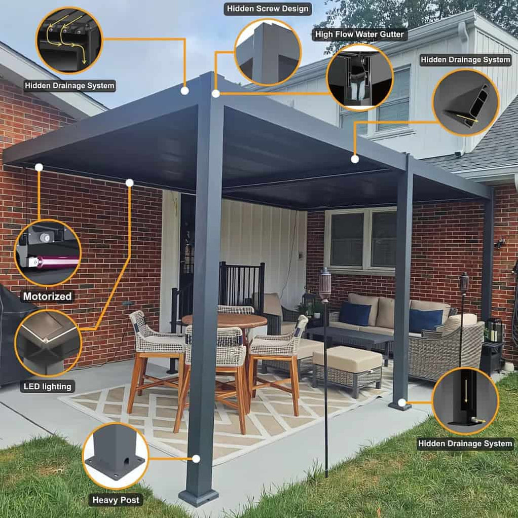 Bon Pergola 10x10 Villa Pergola with Motorized Louver and Edge Lighting